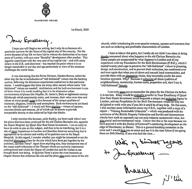 Prince Charles's Chelsea Barracks letter revealed | News | Archinect